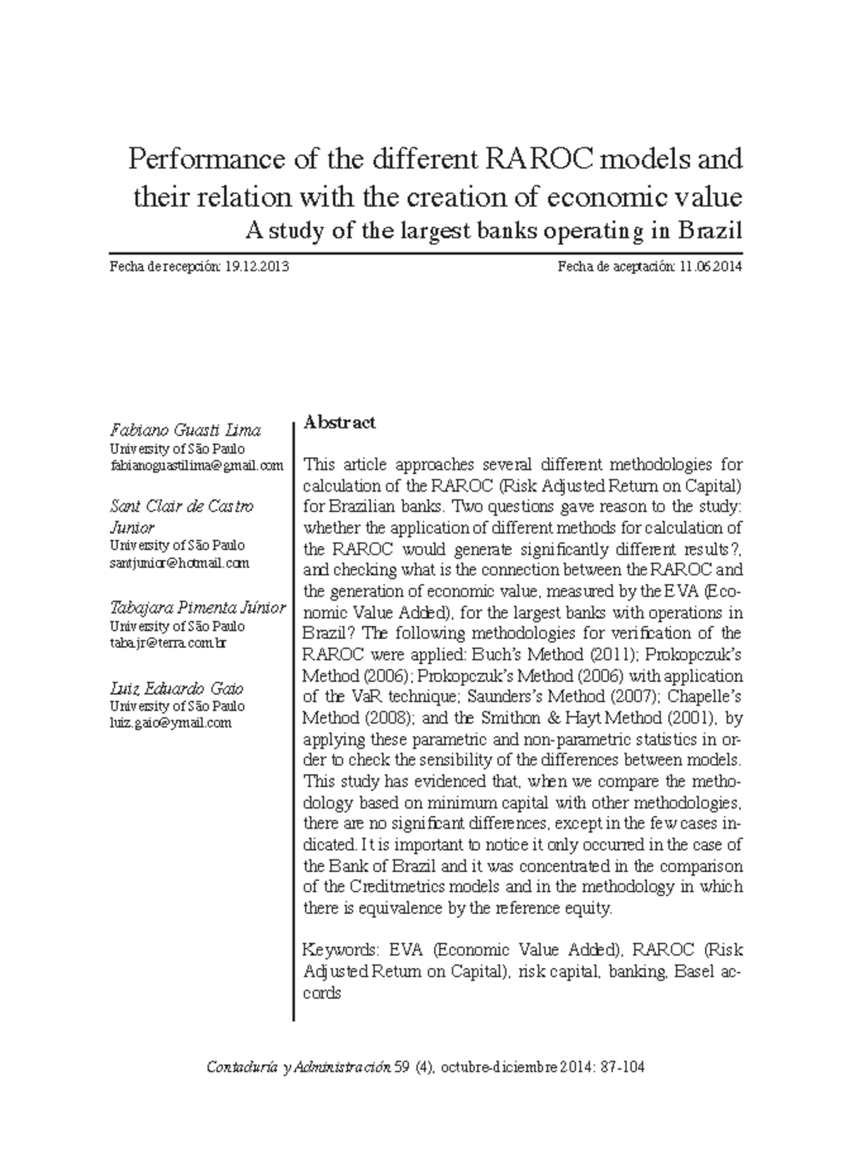 RAROC VS EVA A comparative analysis - Performance of the different ...