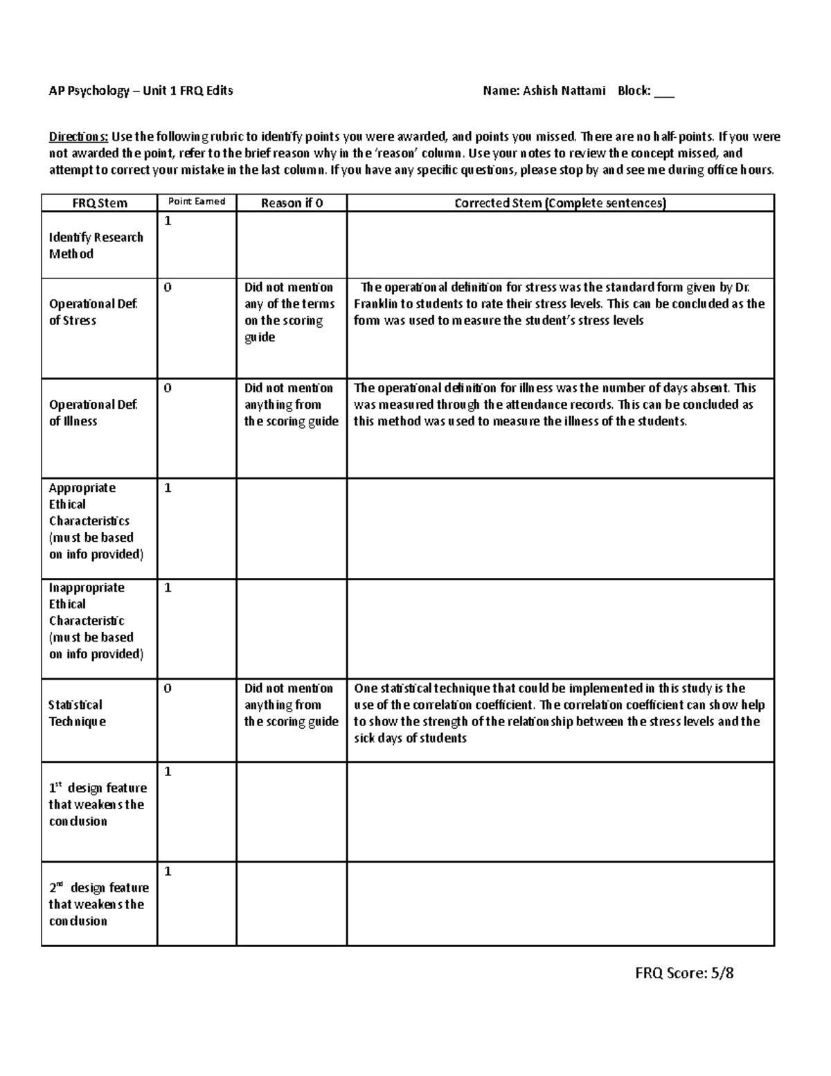 Edits Chart Dr. Franklin - AP Psychology – Unit 1 FRQ Edits Name ...