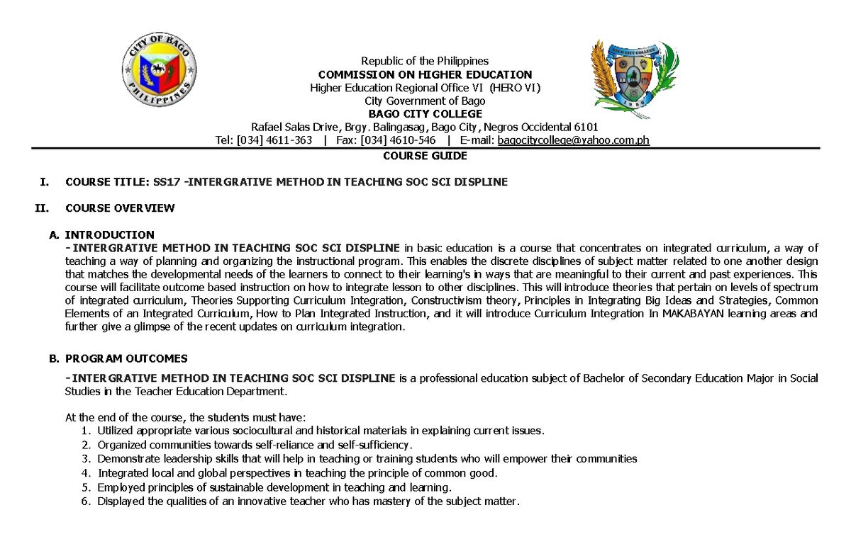 Course outline and Module 1 3 in integrative method - Republic of the ...