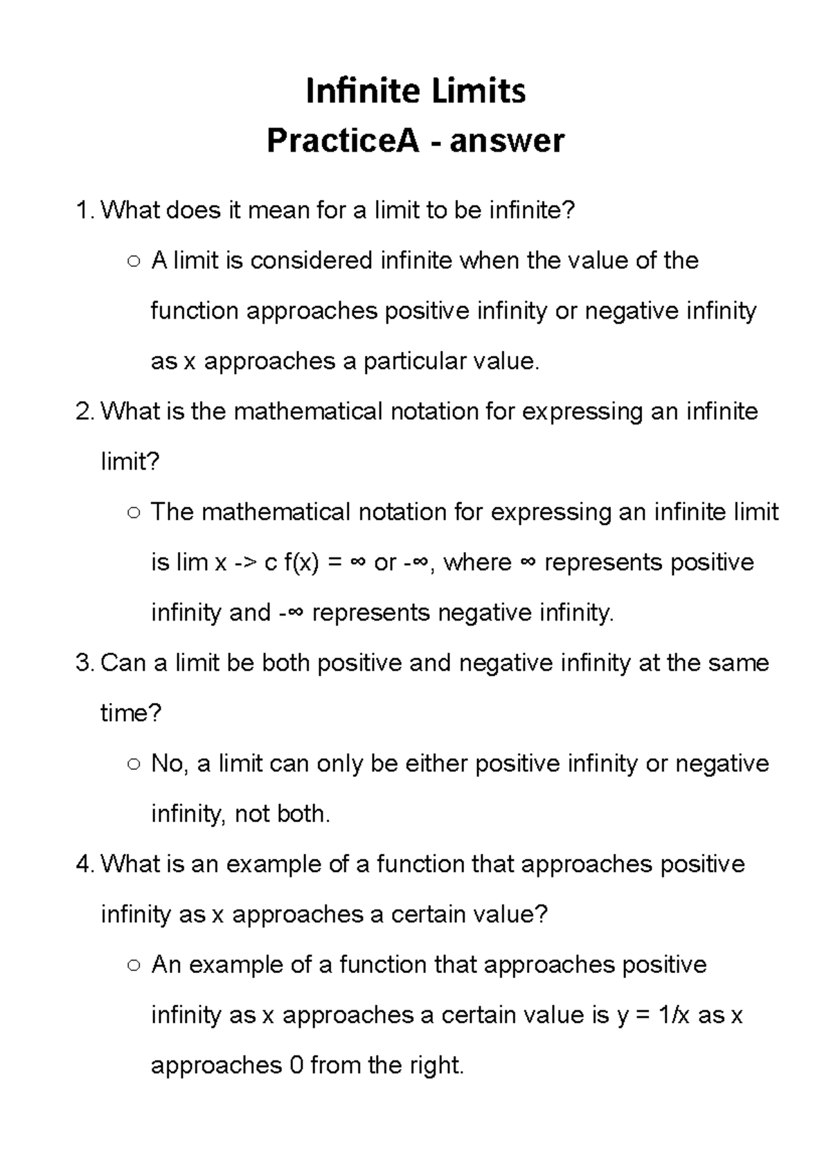 Infinite Limits Practice A Answer Infinite Limits PracticeA