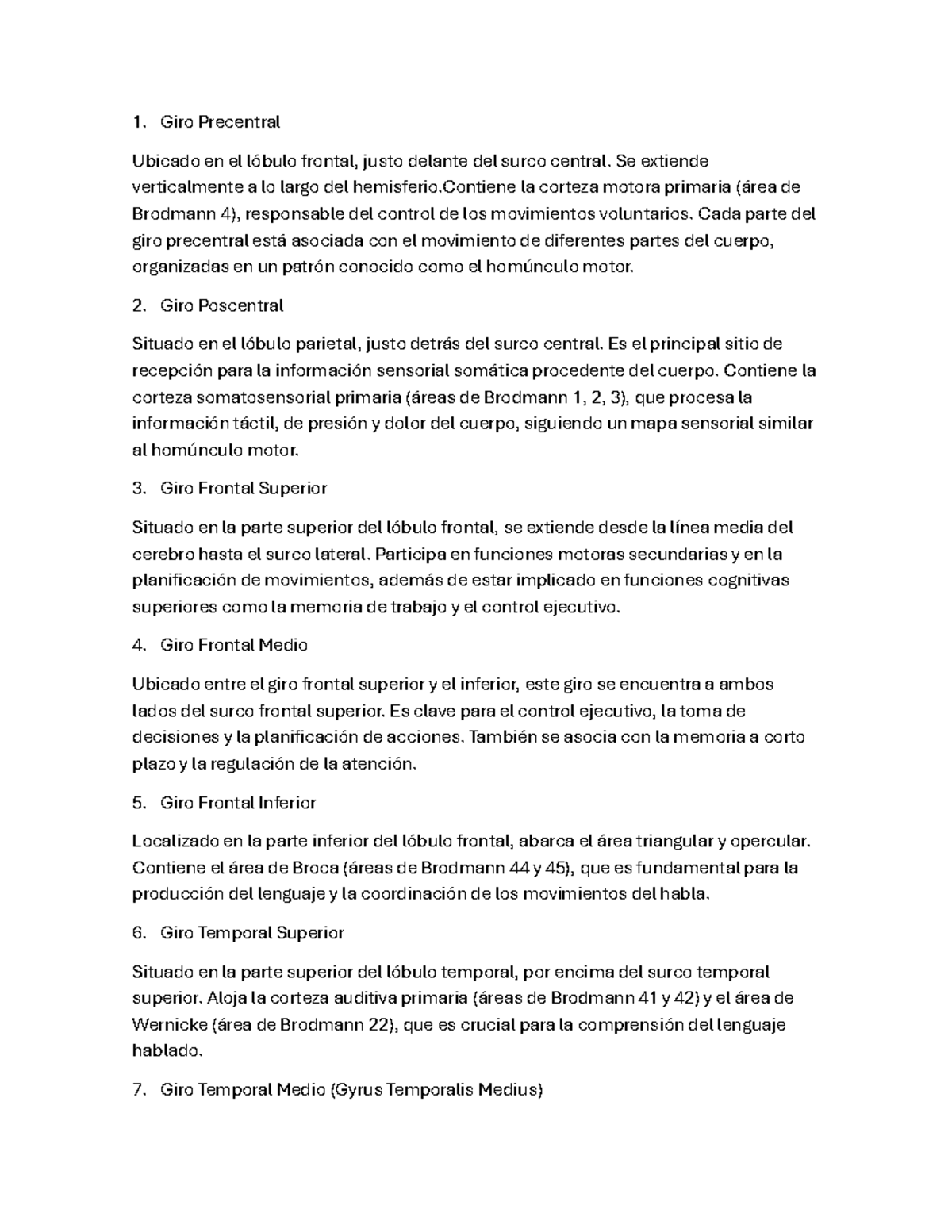 Giros - Resumen Anatomía humana - Giro Precentral Ubicado en el lóbulo ...