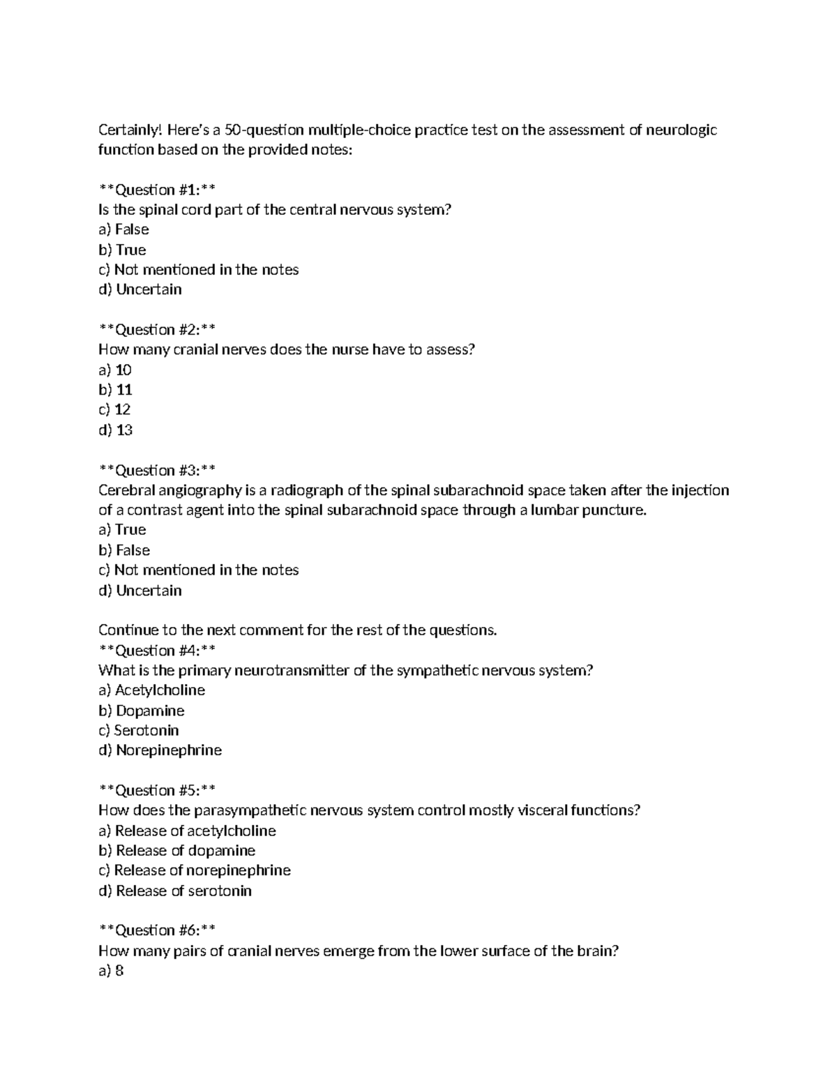 Ch. 60 Neuro practice test - Certainly! Here's a 50-question multiple ...