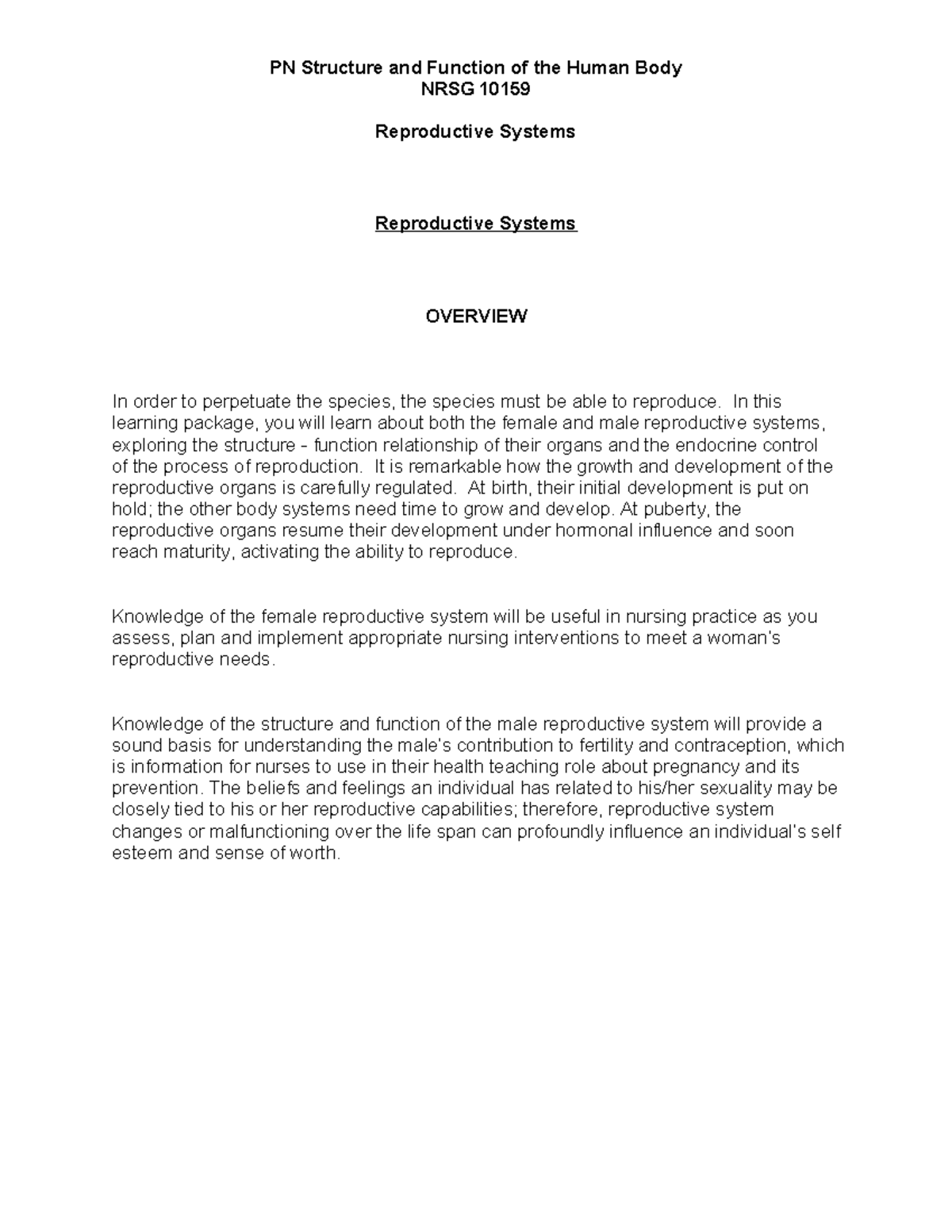 Reproductive Systems Learning Package - NRSG 10159 Reproductive Systems ...