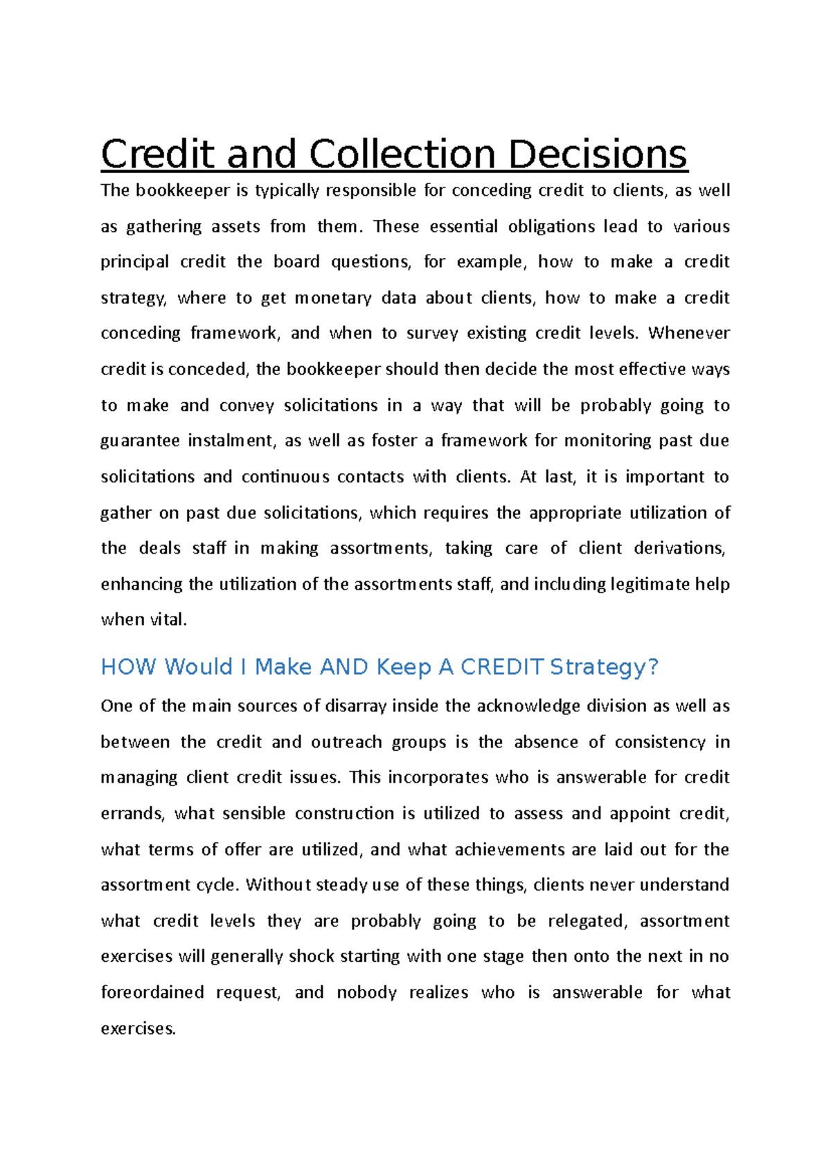 Credit and Collection Decisions - These essential obligations lead to ...