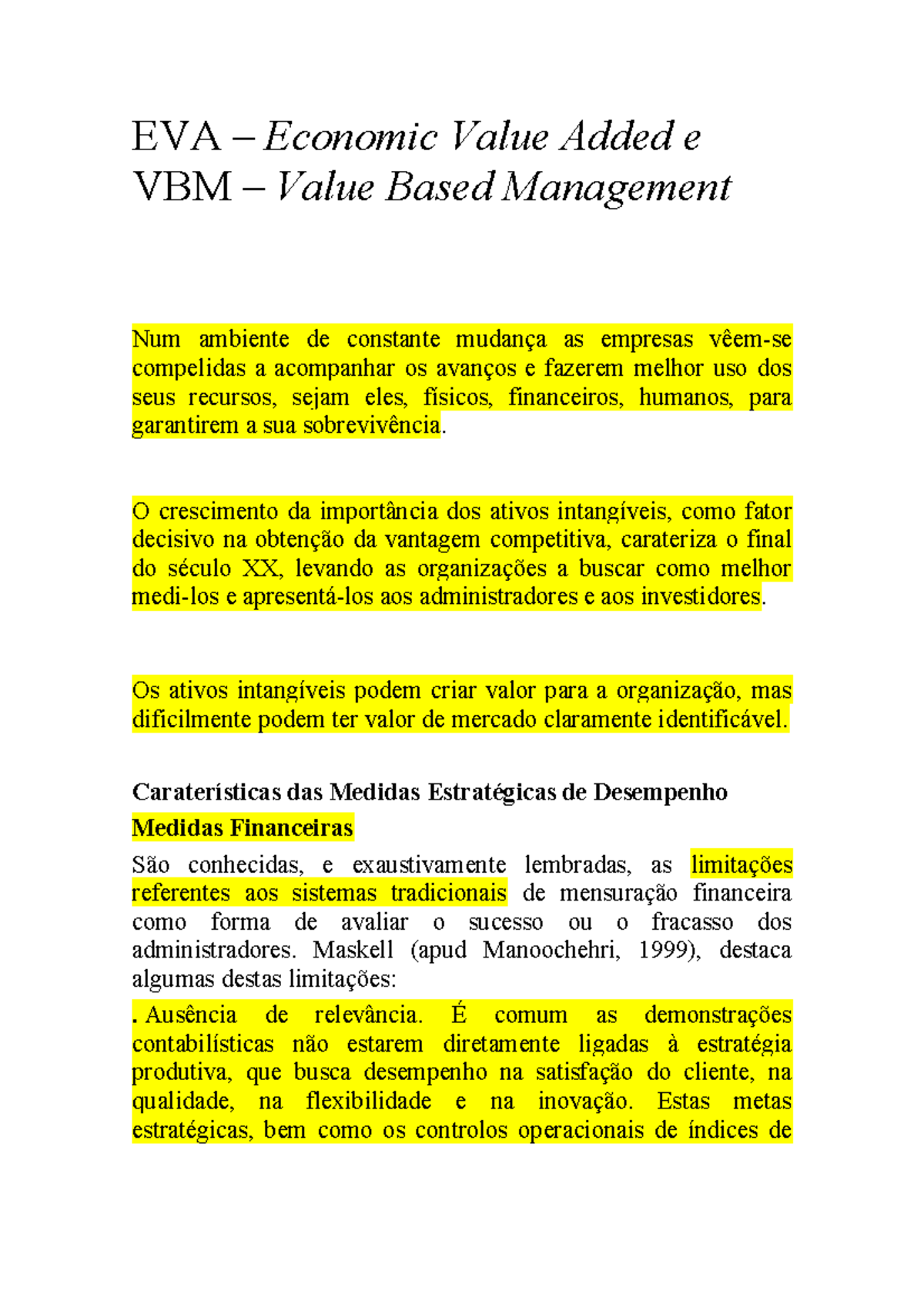 EVA e bvm - resumo - EVA – Economic Value Added e VBM – Value Based Management Num ambiente de ...