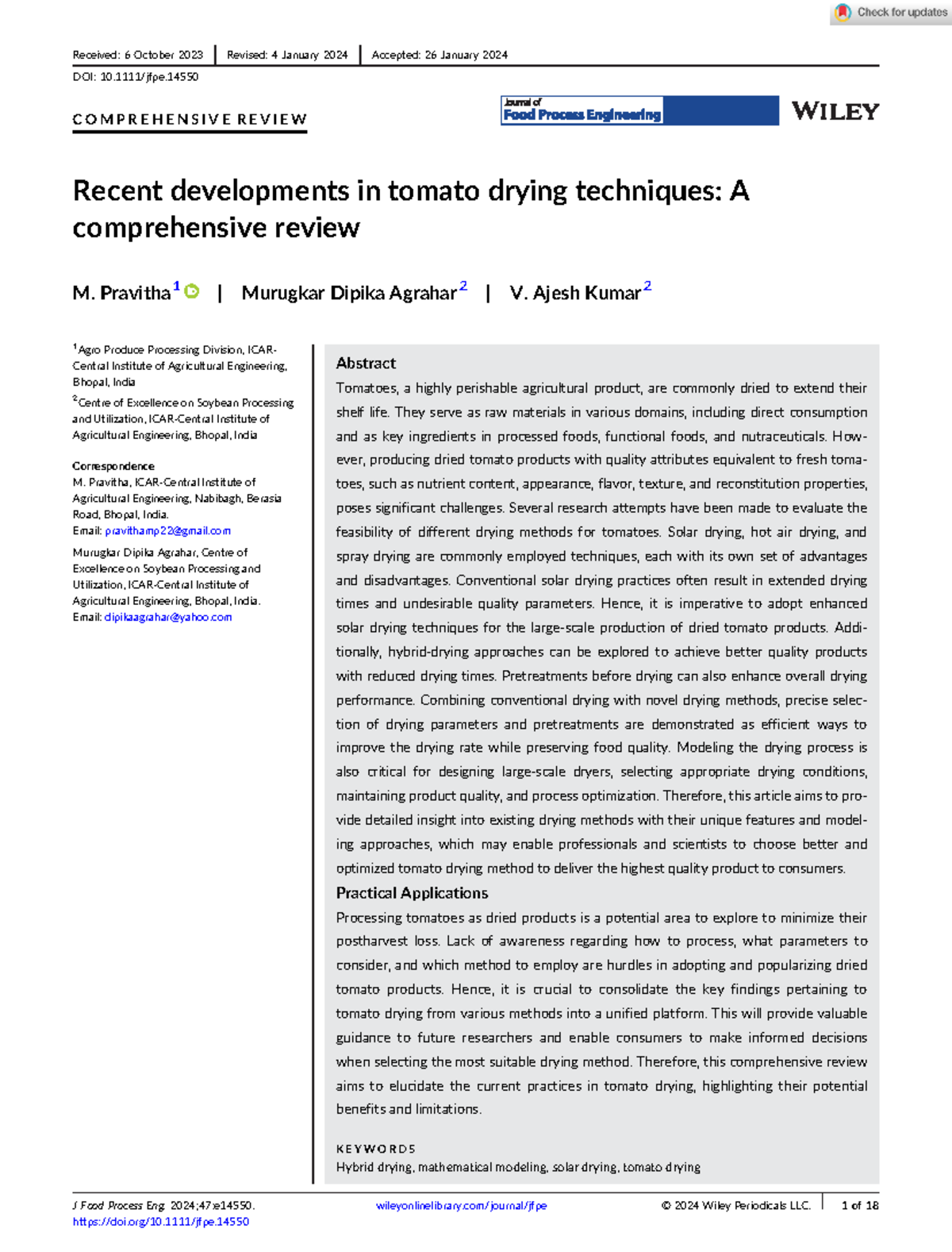 J Food Process Engineering - 2024 - Pravitha - Recent developments in ...