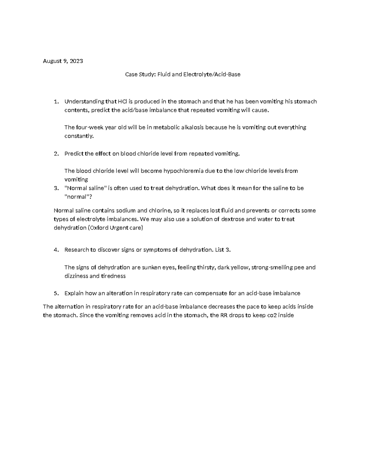 week case study 5 - August 9, 2023 Case Study: Fluid and Electrolyte ...