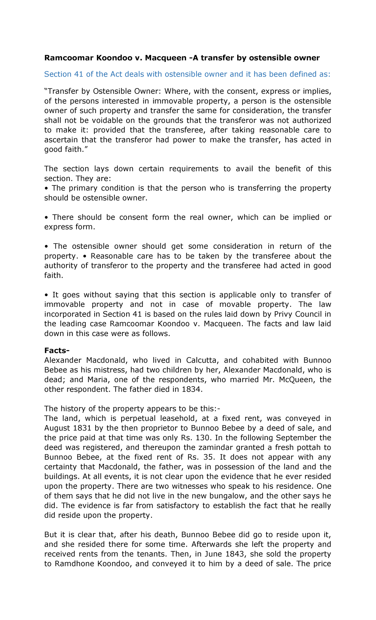 Coomar Koondoo Vs Mc Quine - Ramcoomar Koondoo v. Macqueen -A transfer ...