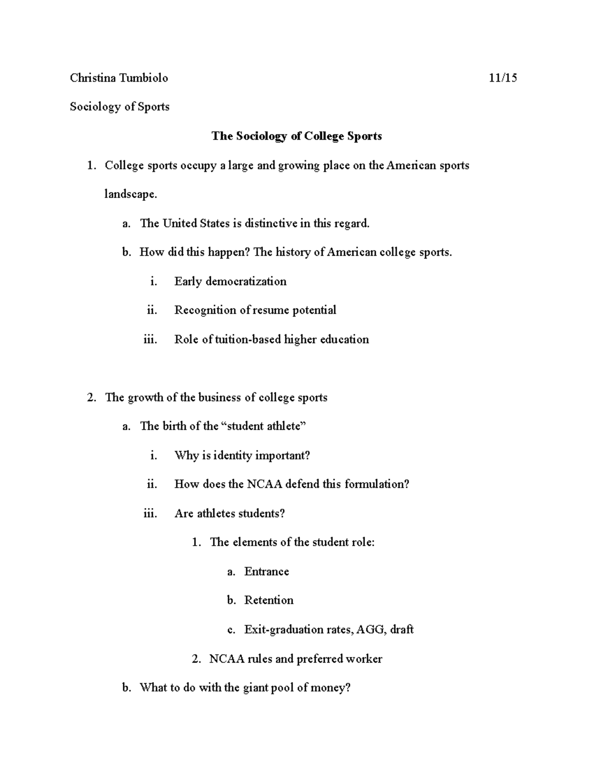 Soc of sports 1 - class notes, professor Lofquist - Christina Tumbiolo ...