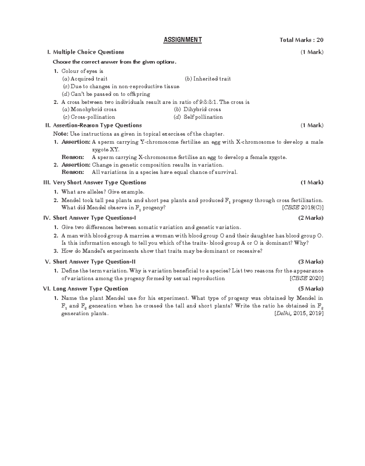 Heredity export - AssignmEnt Total Marks : I. Multiple Choice Questions ...
