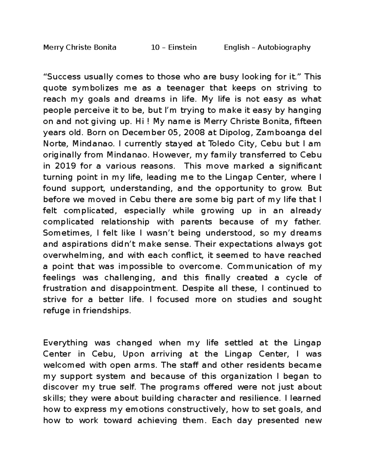 English Autobiography - Merry Christe Bonita 10 – Einstein English ...