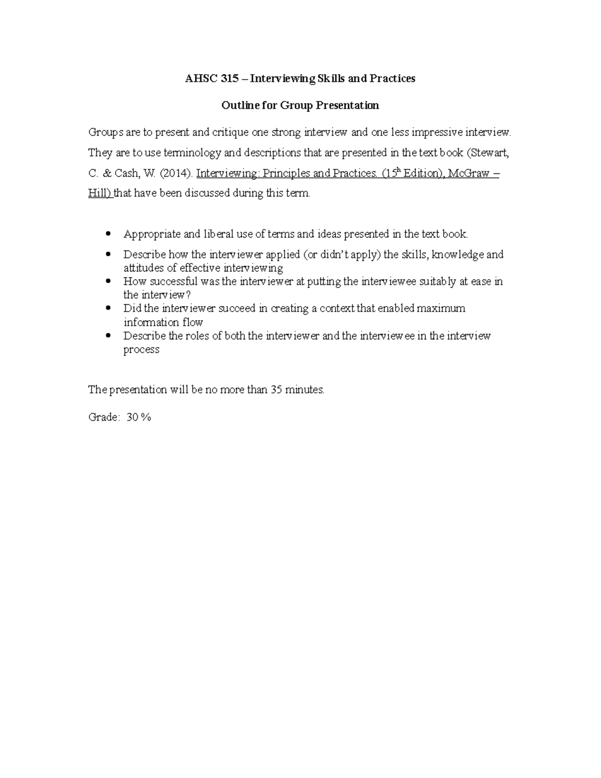 AHSC 315 New Presentation Outline - AHSC 315 – Interviewing Skills and ...