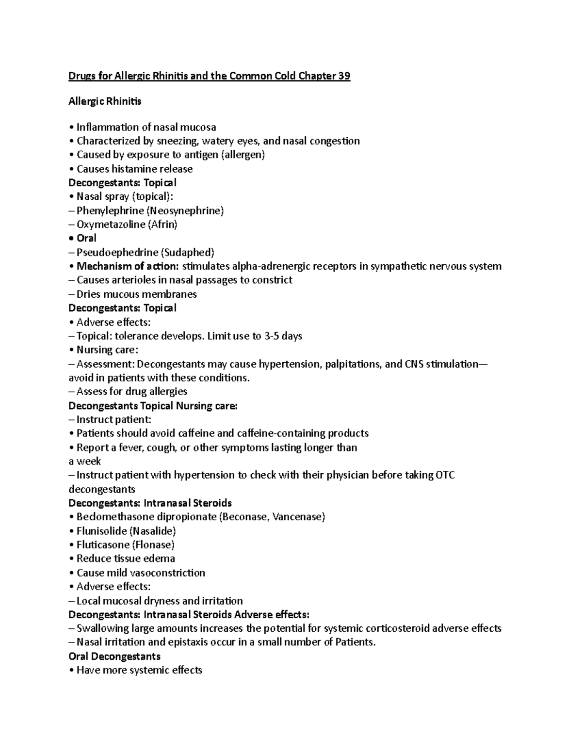 Drugs for Allergic Rhinitis and the Common Cold Chapter 39 - Limit use ...