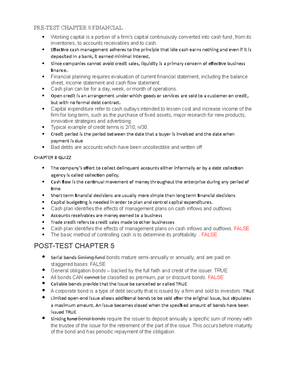 POST-TEST Chapter 5 - PRE-TEST CHAPTER 8 FINANCIAL Working capital is a ...
