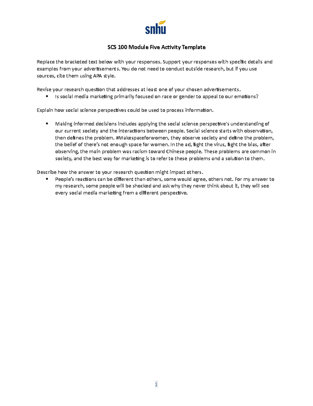 SCS 100 Module Five Activity Template - SCS 100 Module Five Activity Template Replace the ...