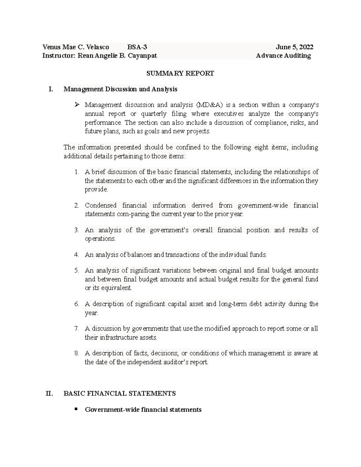 Advance Auditing summary report - Venus Mae C. Velasco BSA-3 June 5 ...