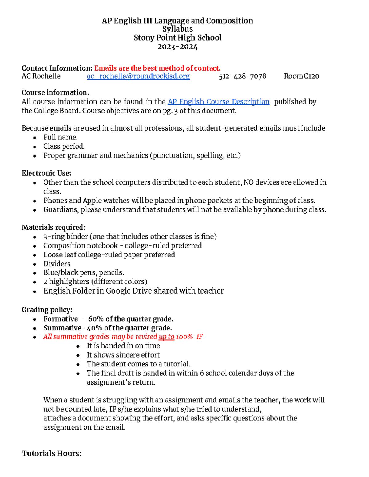 Rochelle AP English III Syllabus 23 24 - Syllabus Stony Point High ...