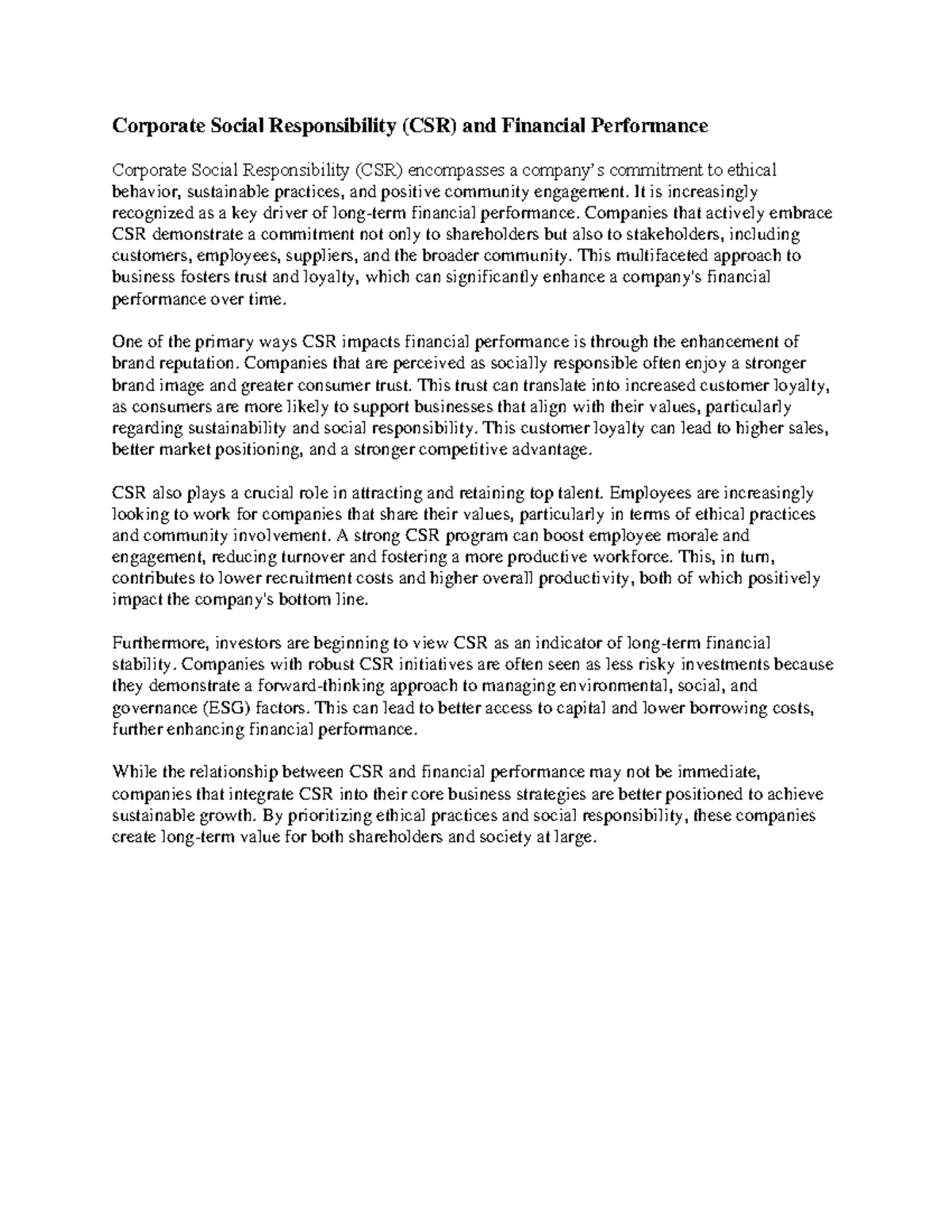 Corporate Social Responsibility (CSR) and Financial Performance - It is ...