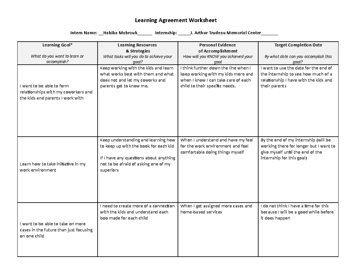 Learning Agreement Worksheet - Learning Agreement Worksheet Intern Name ...