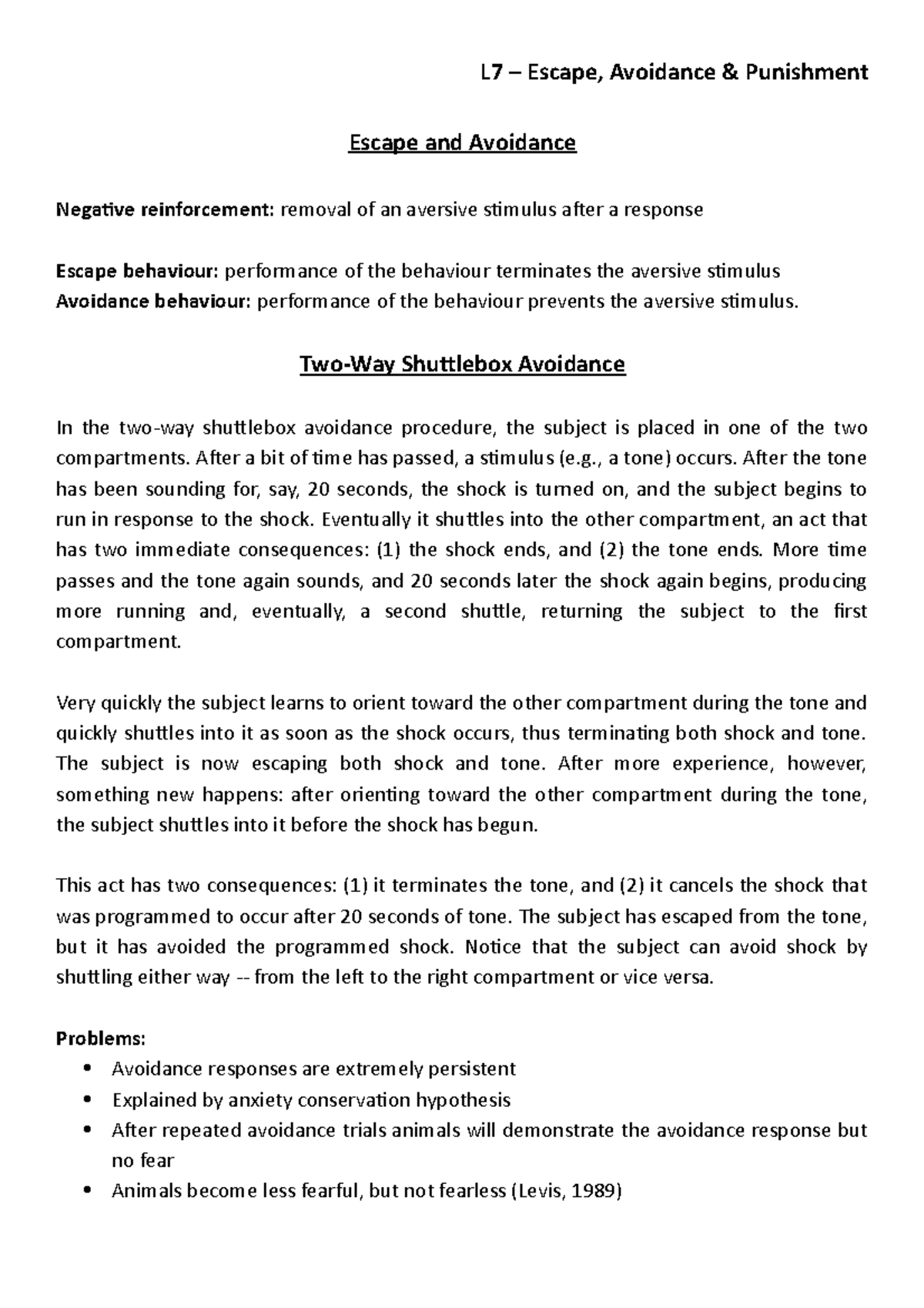 N7 – Escape, Avoidance & Punishment - L7 – Escape, Avoidance ...