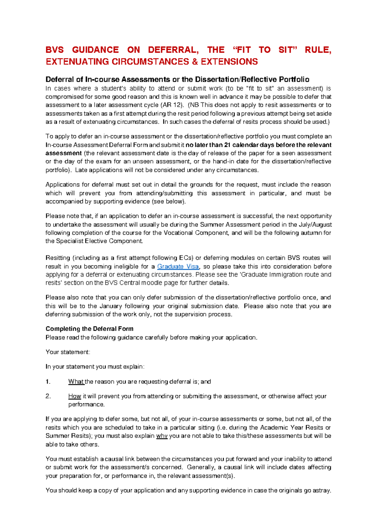 BVS deferral, EC extension guidance - BVS GUIDANCE ON DEFERRAL, THE