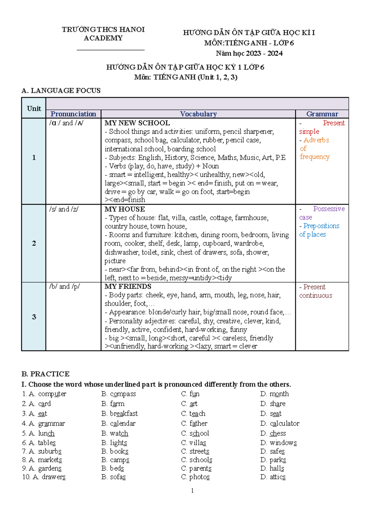Anh 6 - HDOT GKI (2023-2024) - 1 TRƯỜNG THCS HANOI ACADEMY HƯỚNG DẪN ÔN TẬP GIỮA HỌC KÌ I MÔN ...