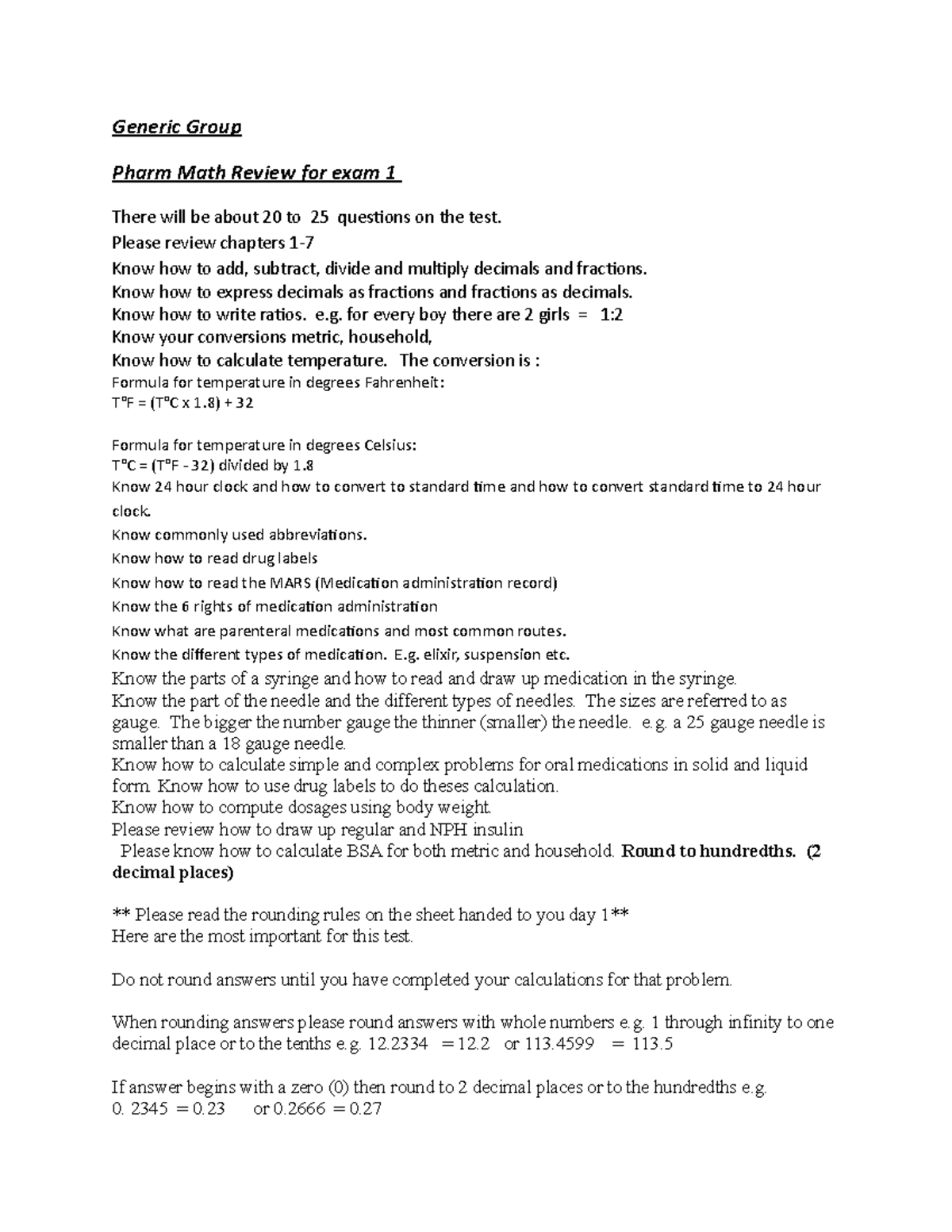 No - Practice questions - Generic Group Pharm Math Review for exam 1 ...