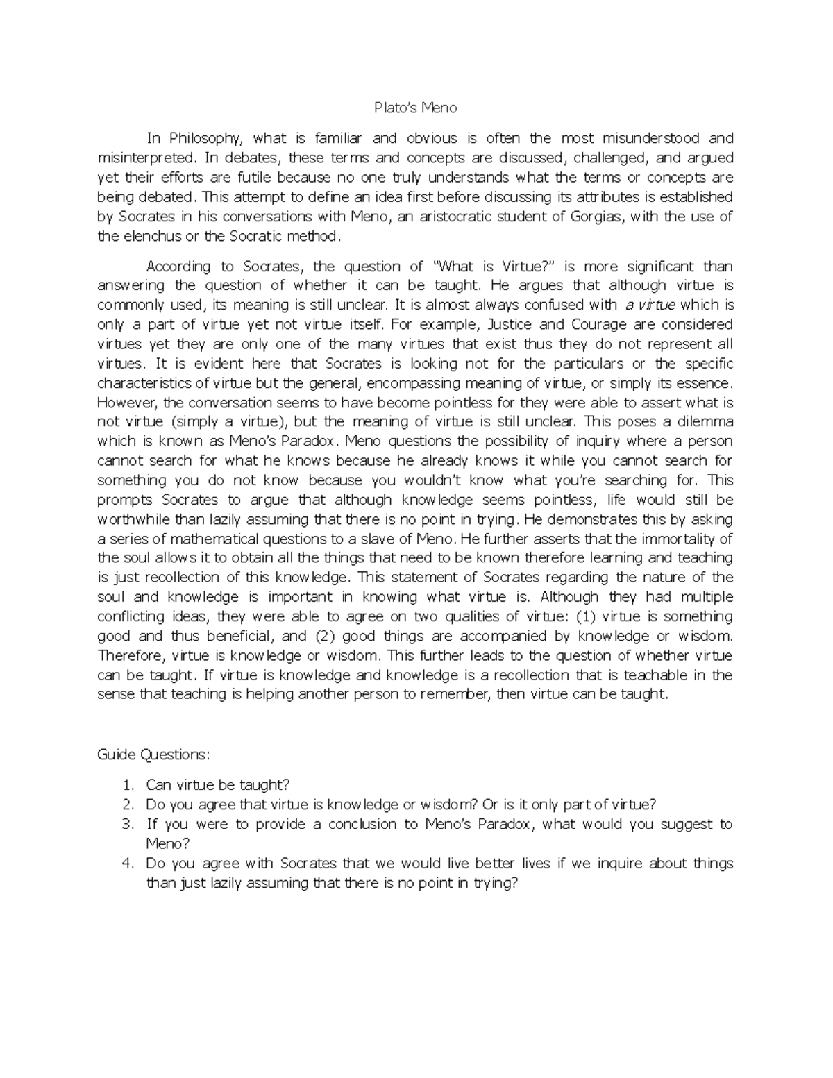 Meno-Summary - Summary of Plato's Meno with Guide Questions - Plato's ...