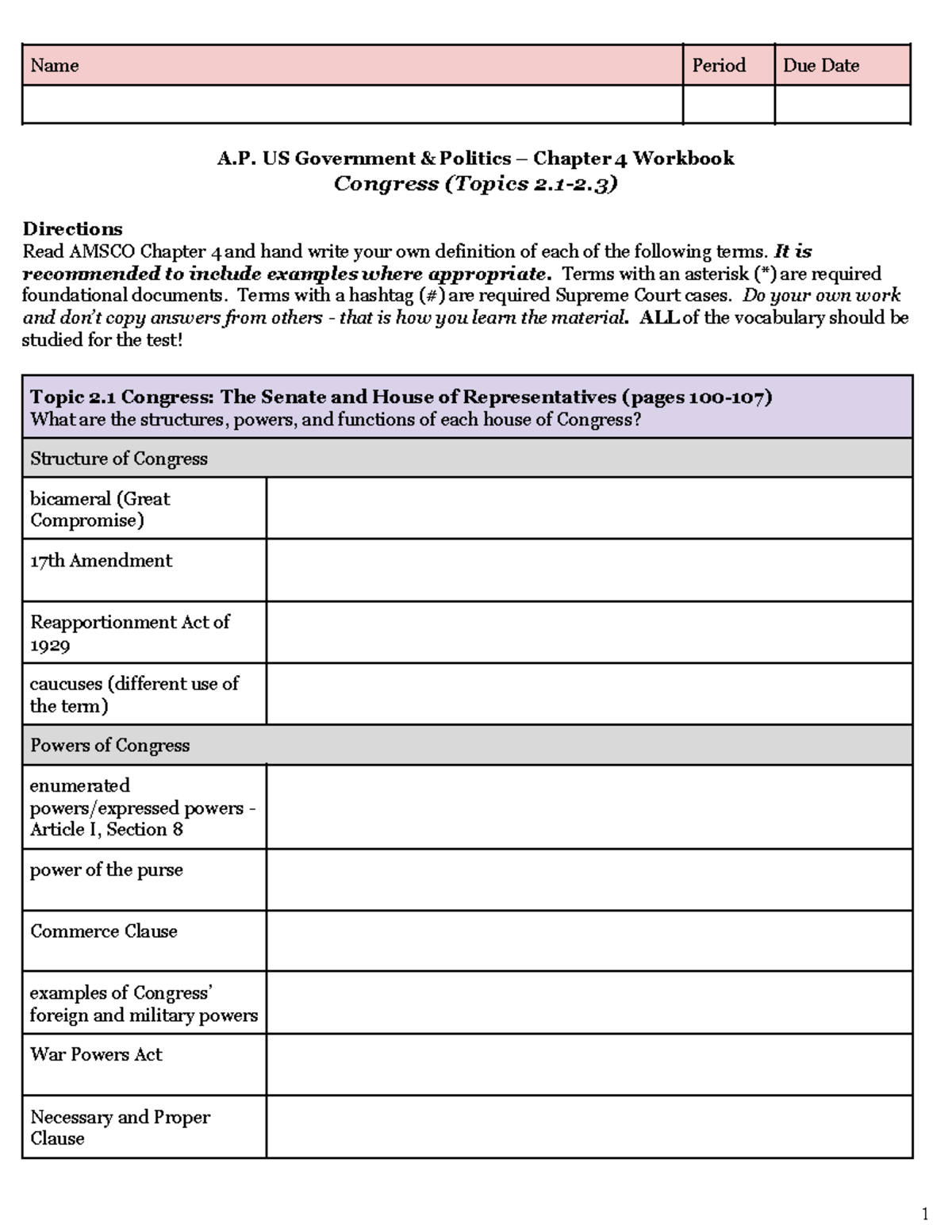 2022 Chapter 4 Workbook - Name Period Due Date A. US Government ...