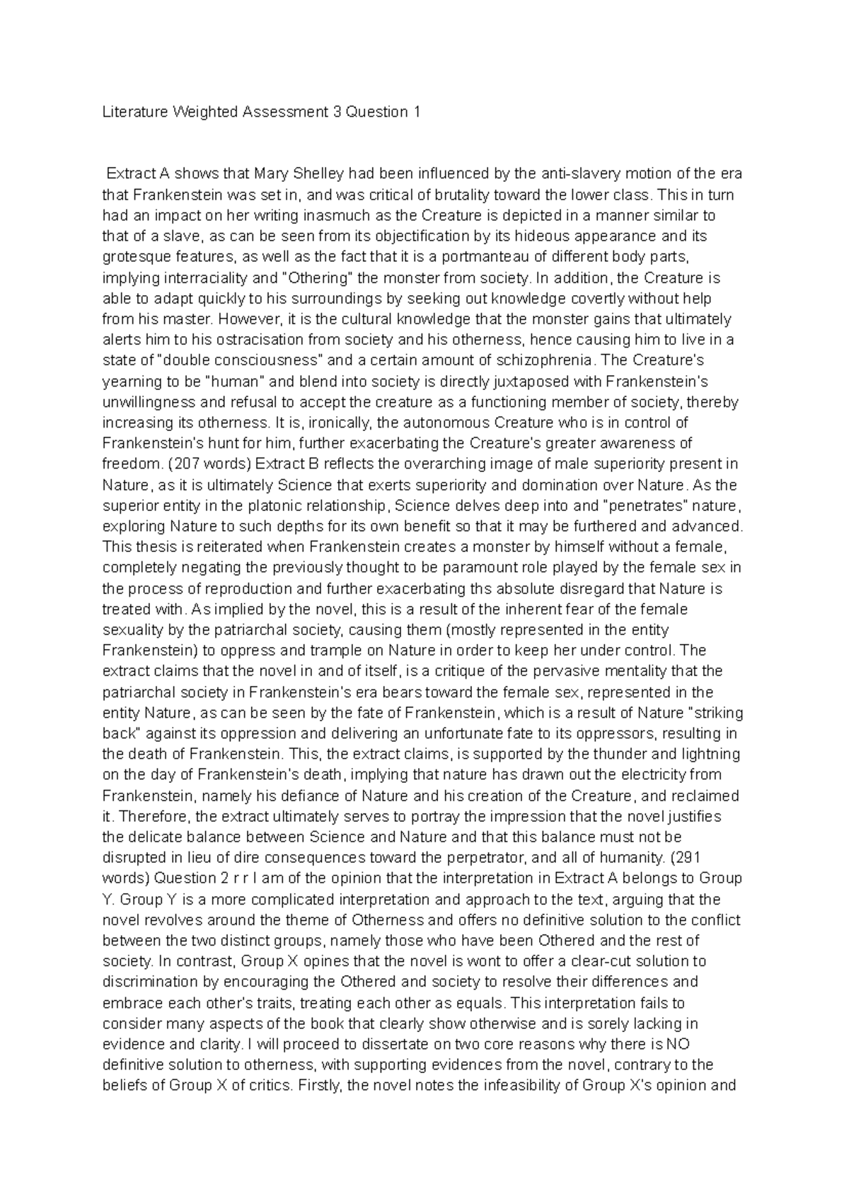 Frankenstein WA - Literature Weighted Assessment 3 Question 1 Extract A ...