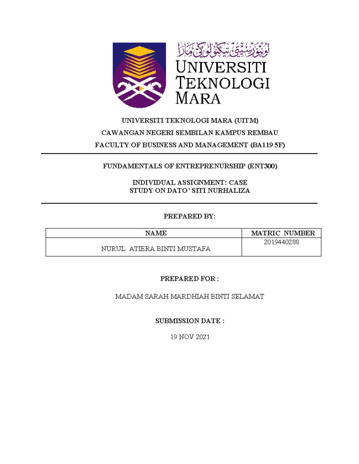 Case Study Entrepreneurship ENT300 - UNIVERSITI TEKNOLOGI MARA (UITM ...