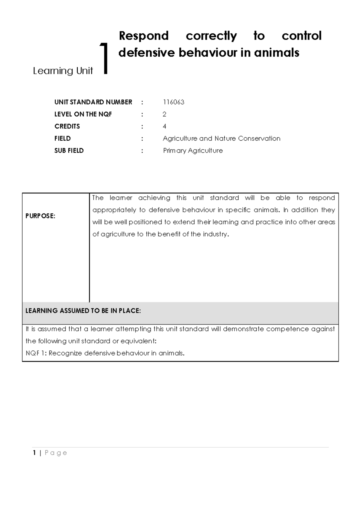 Respond correctly to control defensive behaviour in animals - Learning ...