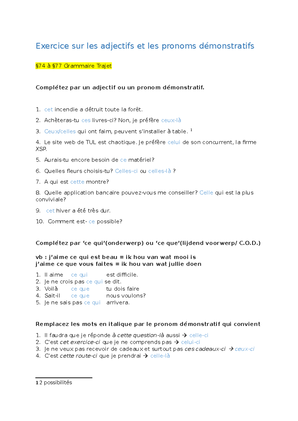 Exercices adjectifs et pronoms demonstratifs solution - Exercice sur ...