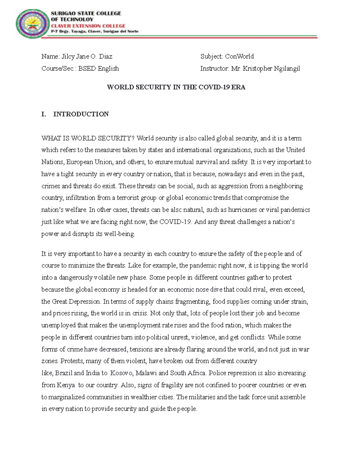 TERM Paper - COMPILATION - Name: Jilcy Jane O. Diaz Subject: ConWorld ...