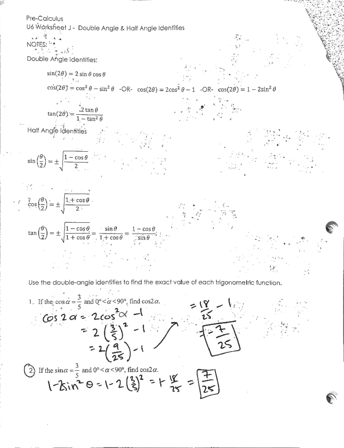 PC U3 Worksheet J KEY - U6 Wörksheet J Double Angle Half Angle ...