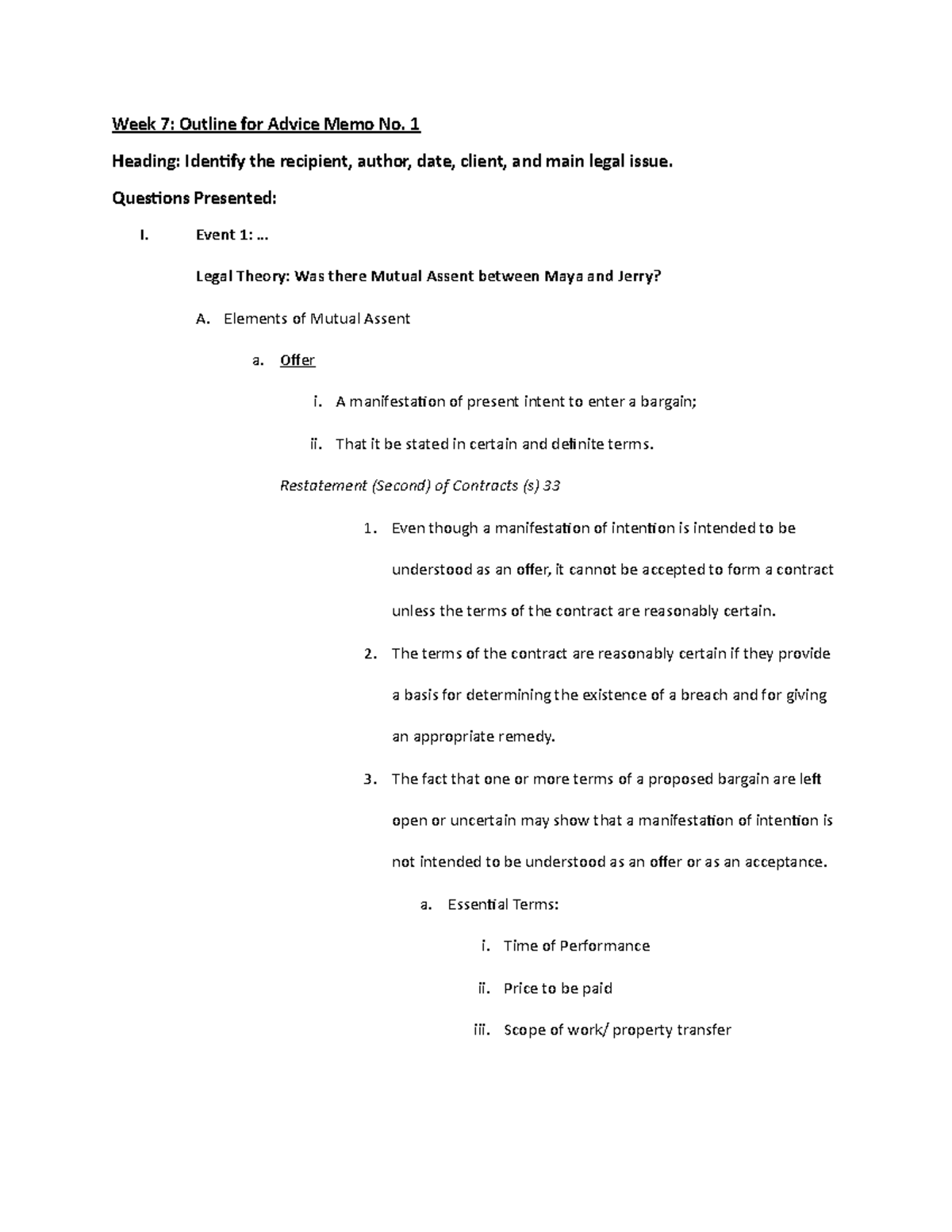 Outline Memo - memo - Week 7: Outline for Advice Memo No. 1 Heading ...