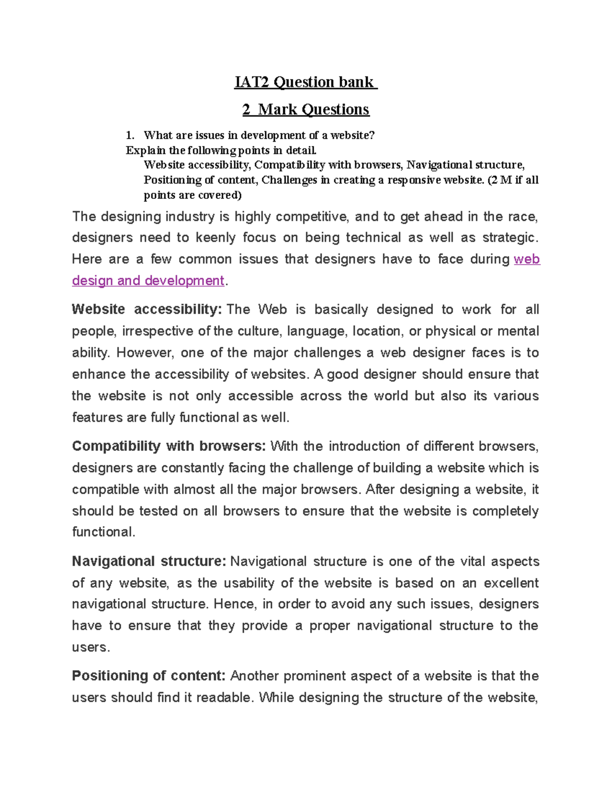 ECEB IAT 2 Question bank solution - IAT2 Question bank 2 Mark Questions 1. What are issues in ...