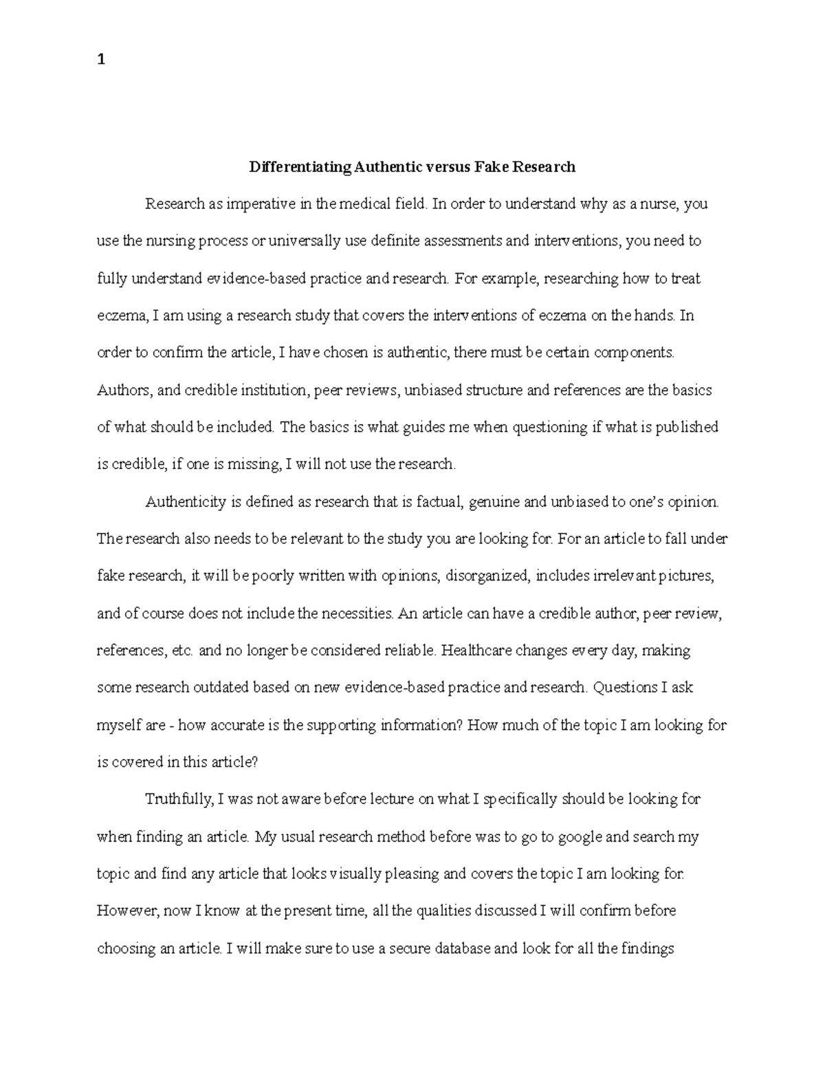 EBP mod 1 research paper - 1 Differentiating Authentic versus Fake ...