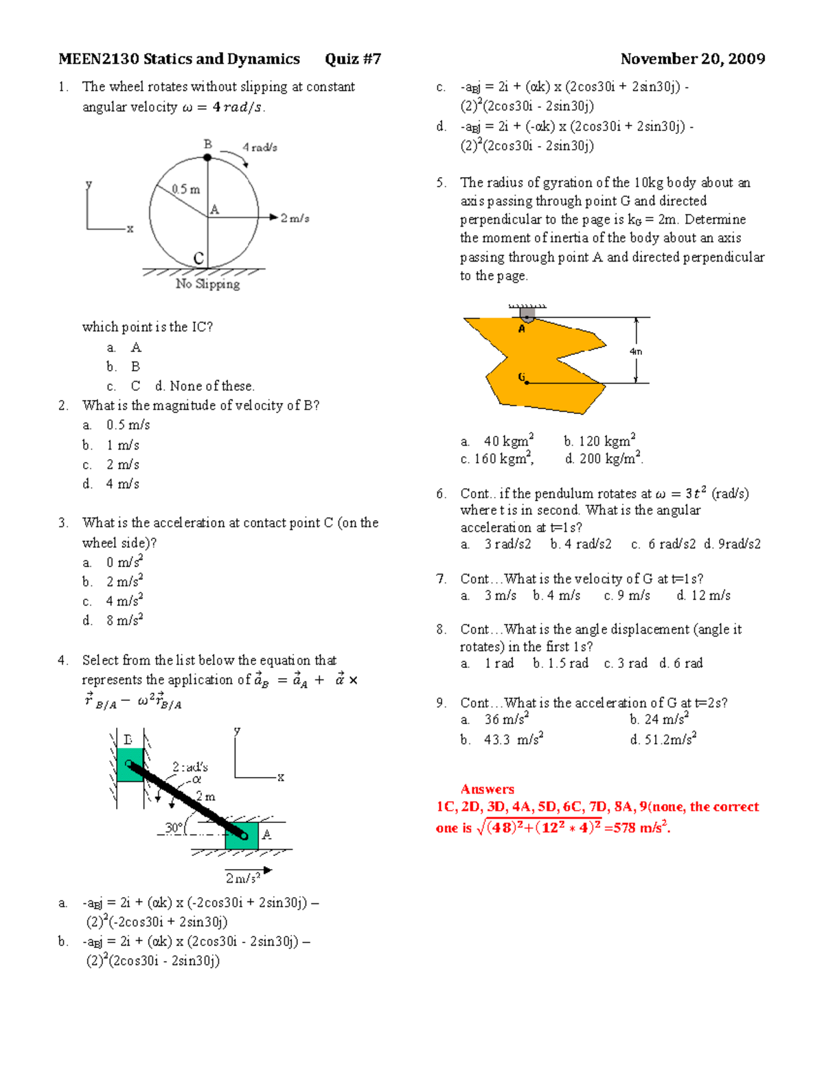 Quiz7key - problems - MEEN2130 Statics and Dynamics Quiz #7 November 20 ...