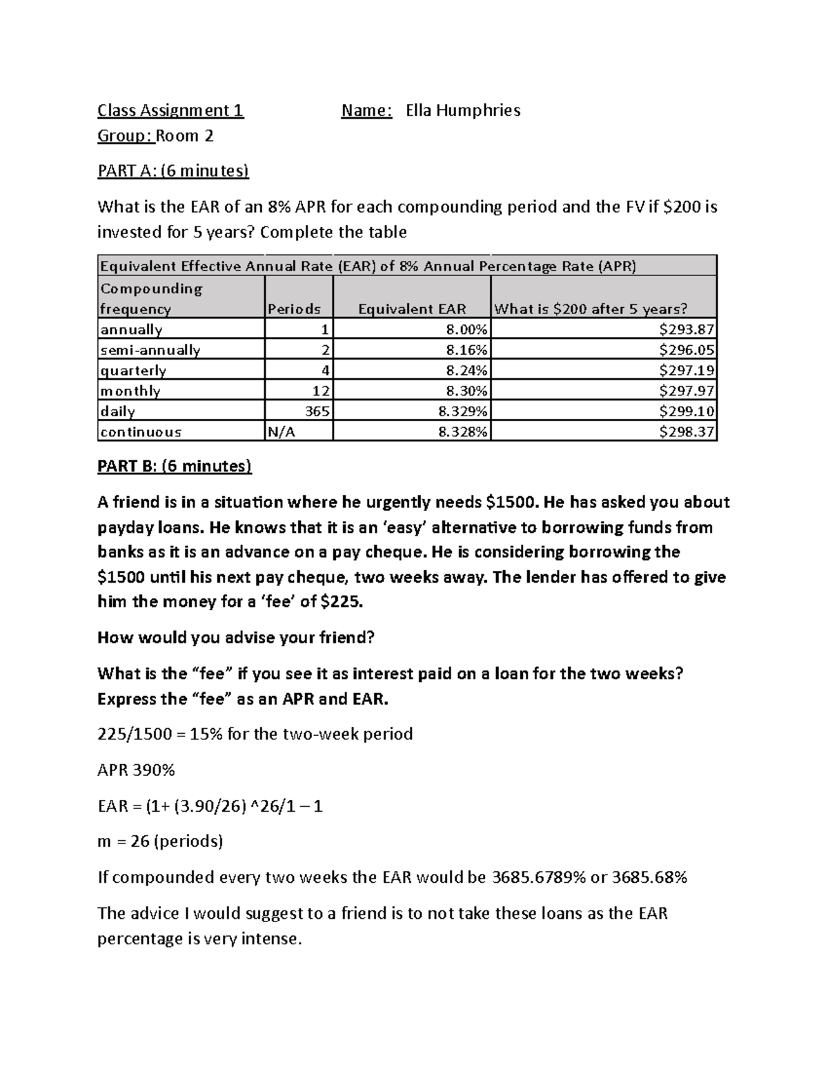 Class Assignment 1 (Week 2) - TVM basics and interest rates - Class ...