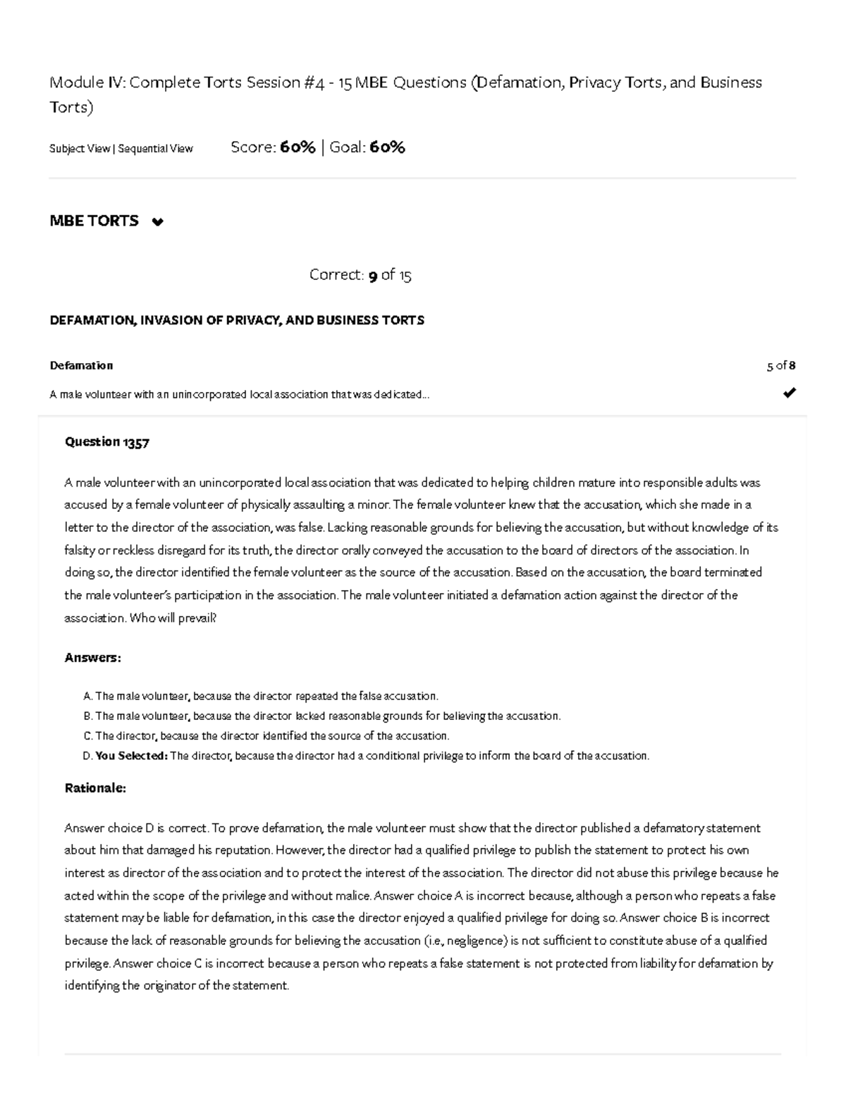 Torts Mod 4-review MBE Quest - Module IV: Complete Torts Session #4 ...
