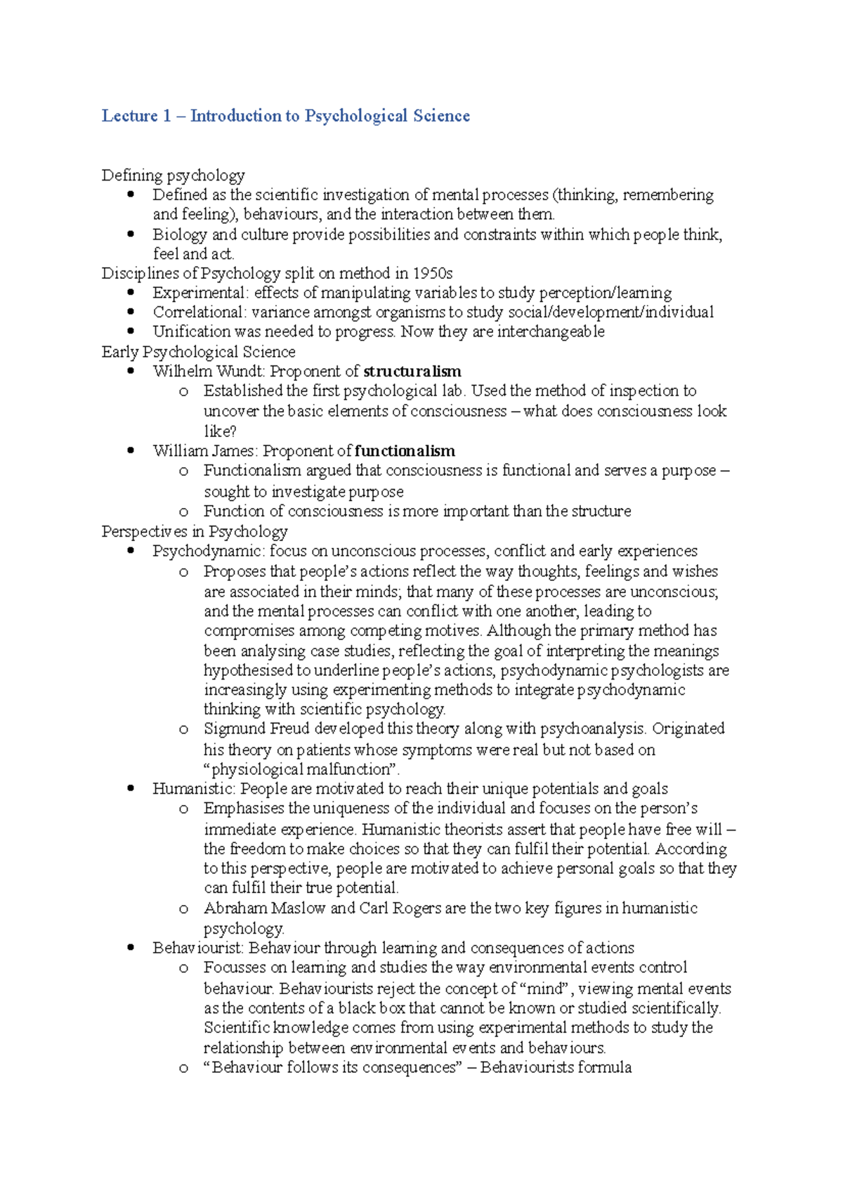 PSY141 Lecture Notes - Lecture 1 – Introduction to Psychological ...
