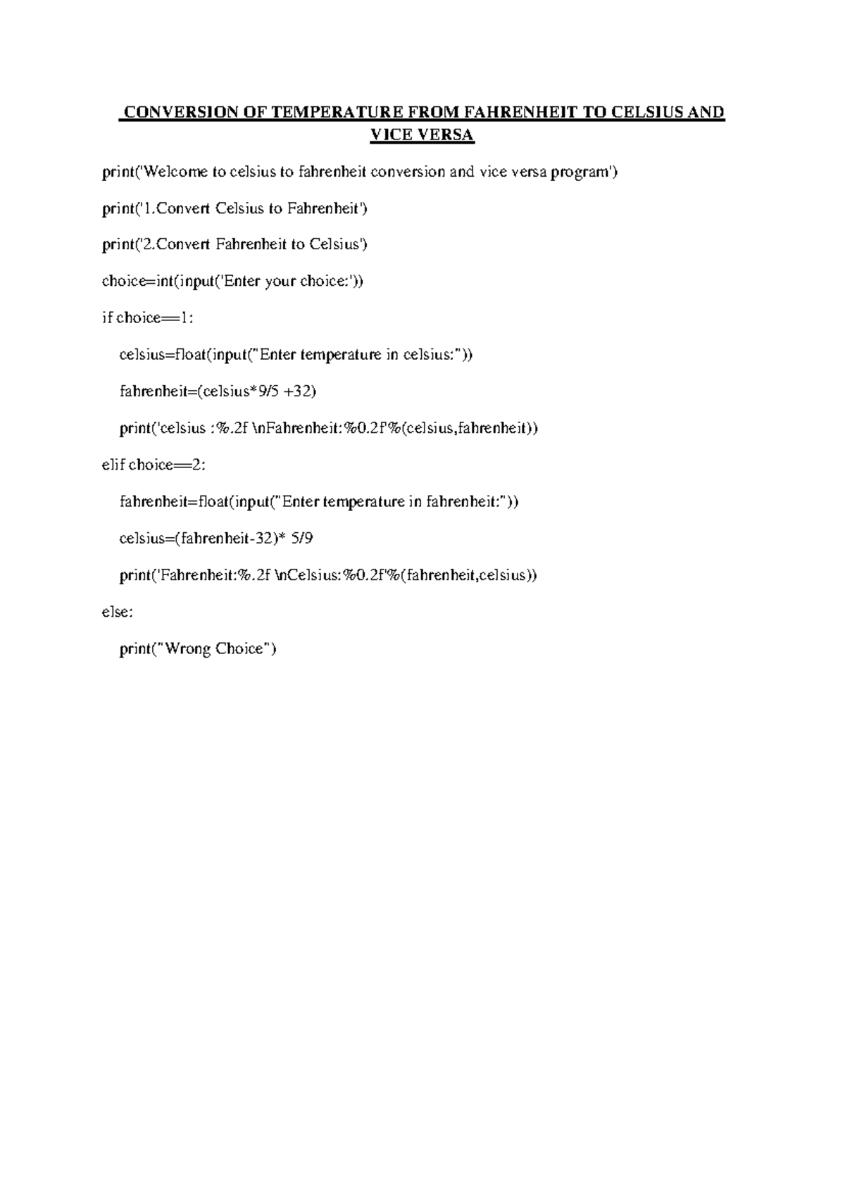 Python Record - lab programs - CONVERSION OF TEMPERATURE FROM ...