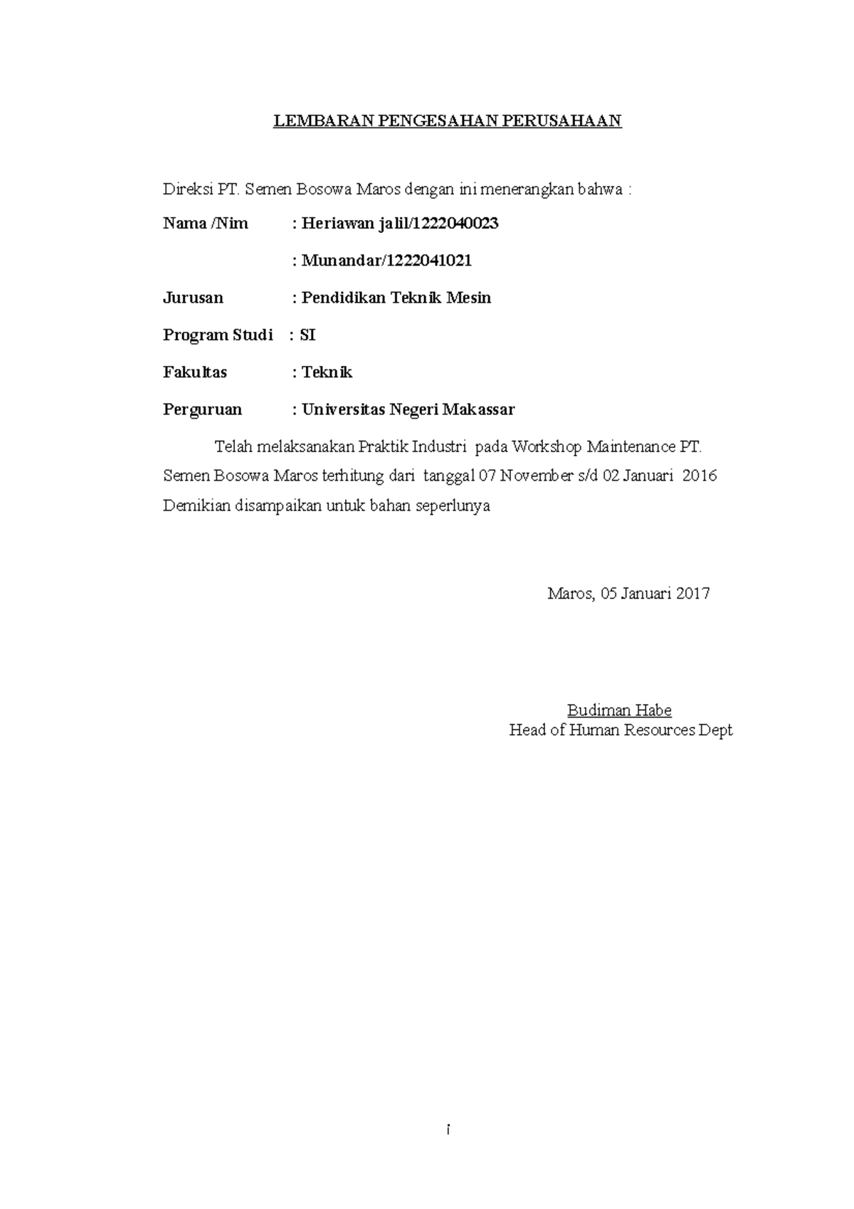 Lembaran Pengesahan Perusahaan - LEMBARAN PENGESAHAN PERUSAHAAN Direksi ...