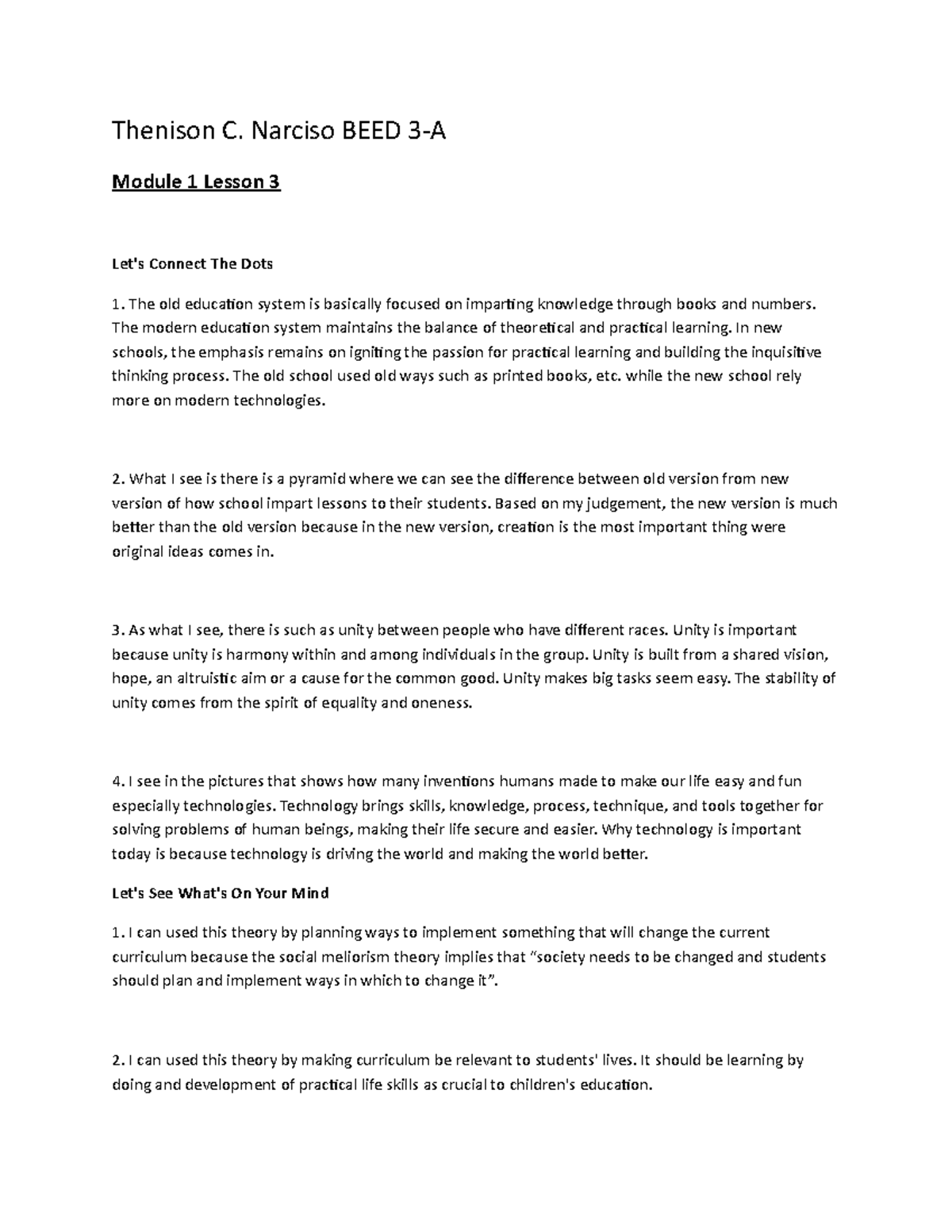 Prof Ed 10 Module 1 Lesson 3 and 4 - Thenison C. Narciso BEED 3-A Module 1 Lesson 3 Let's ...