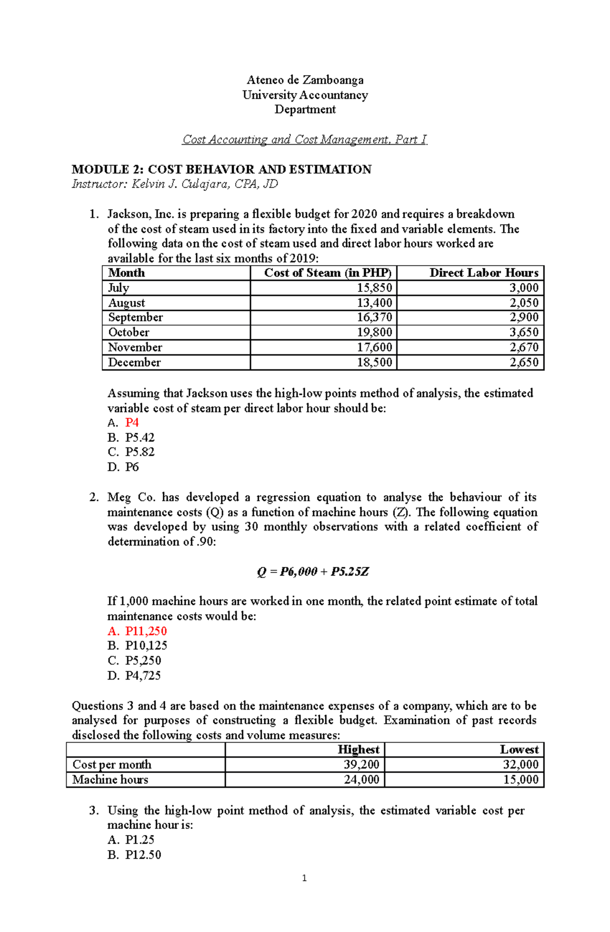 Module 2 cost behavior and estimation with answers - Ateneo de ...