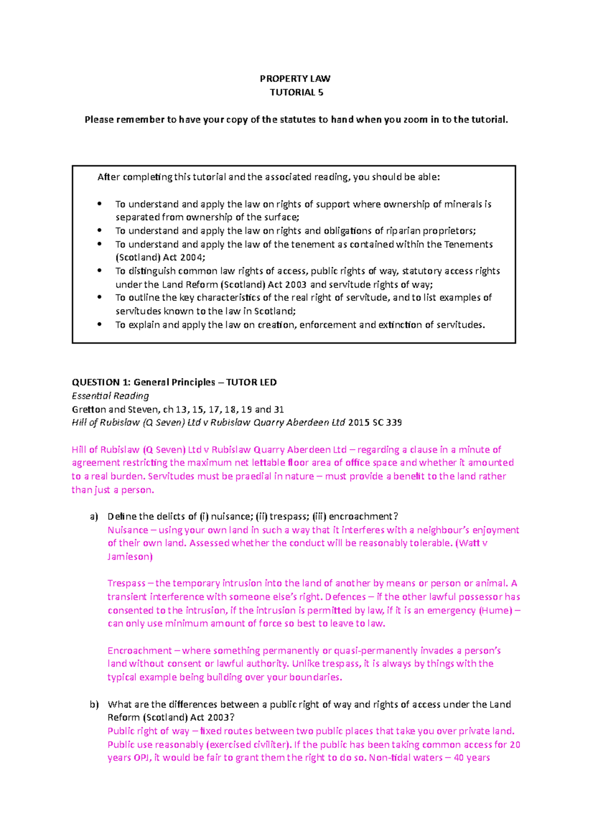 Property tutorial 5 - PROPERTY LAW TUTORIAL 5 Please remember to have ...