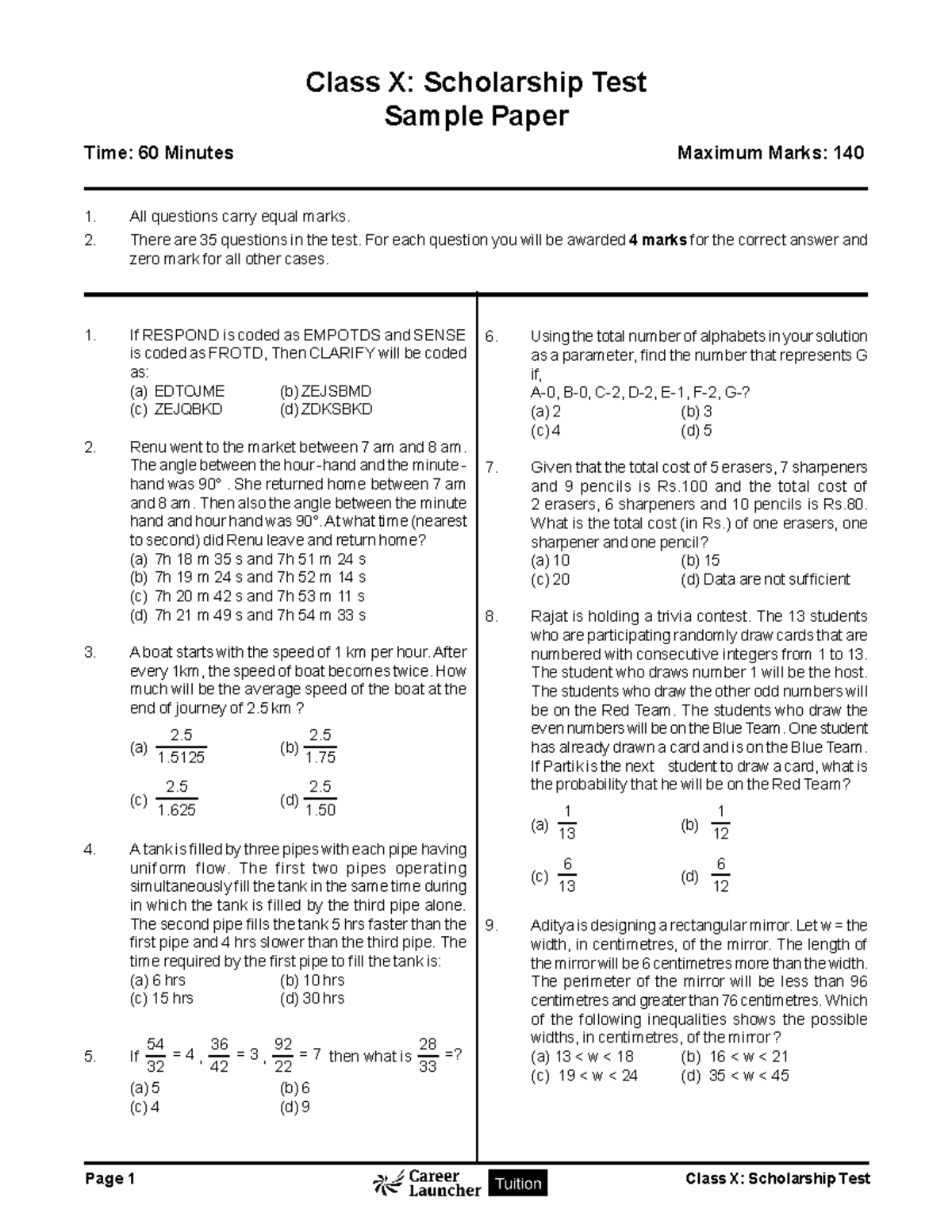 Class X scholarship test - Class X: Scholarship Test Sample Paper Time ...