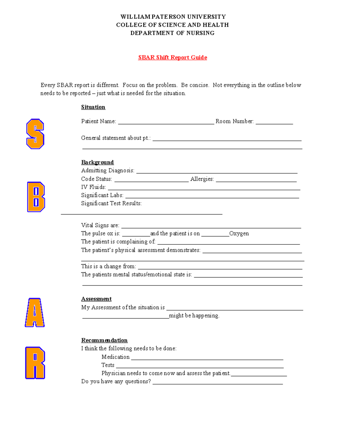 Learner SBAR Shift Report - WILLIAM PATERSON UNIVERSITY COLLEGE OF ...