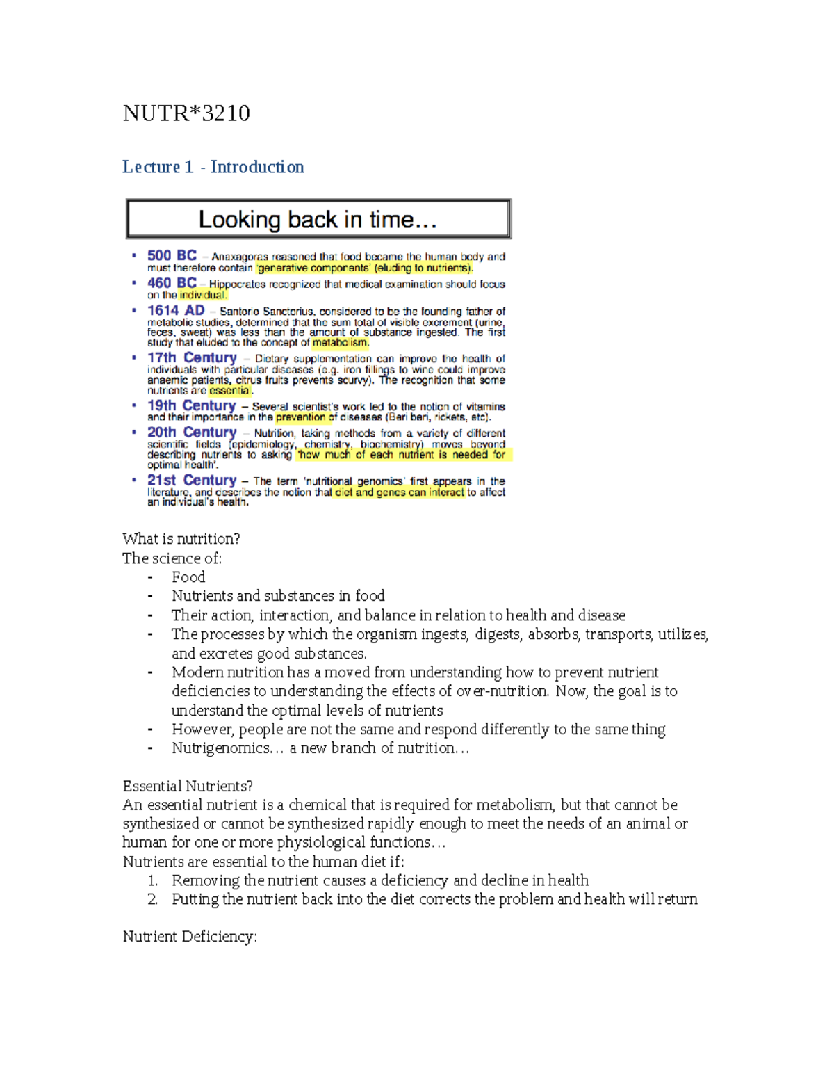 NUTR 3210 Notes - NUTR* Lecture 1 - Introduction What is nutrition? The ...